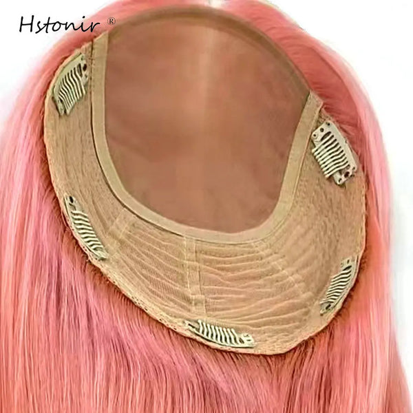 Pink Remy Human Hair Topper for Women Clip In Silk Base Extensions ...
